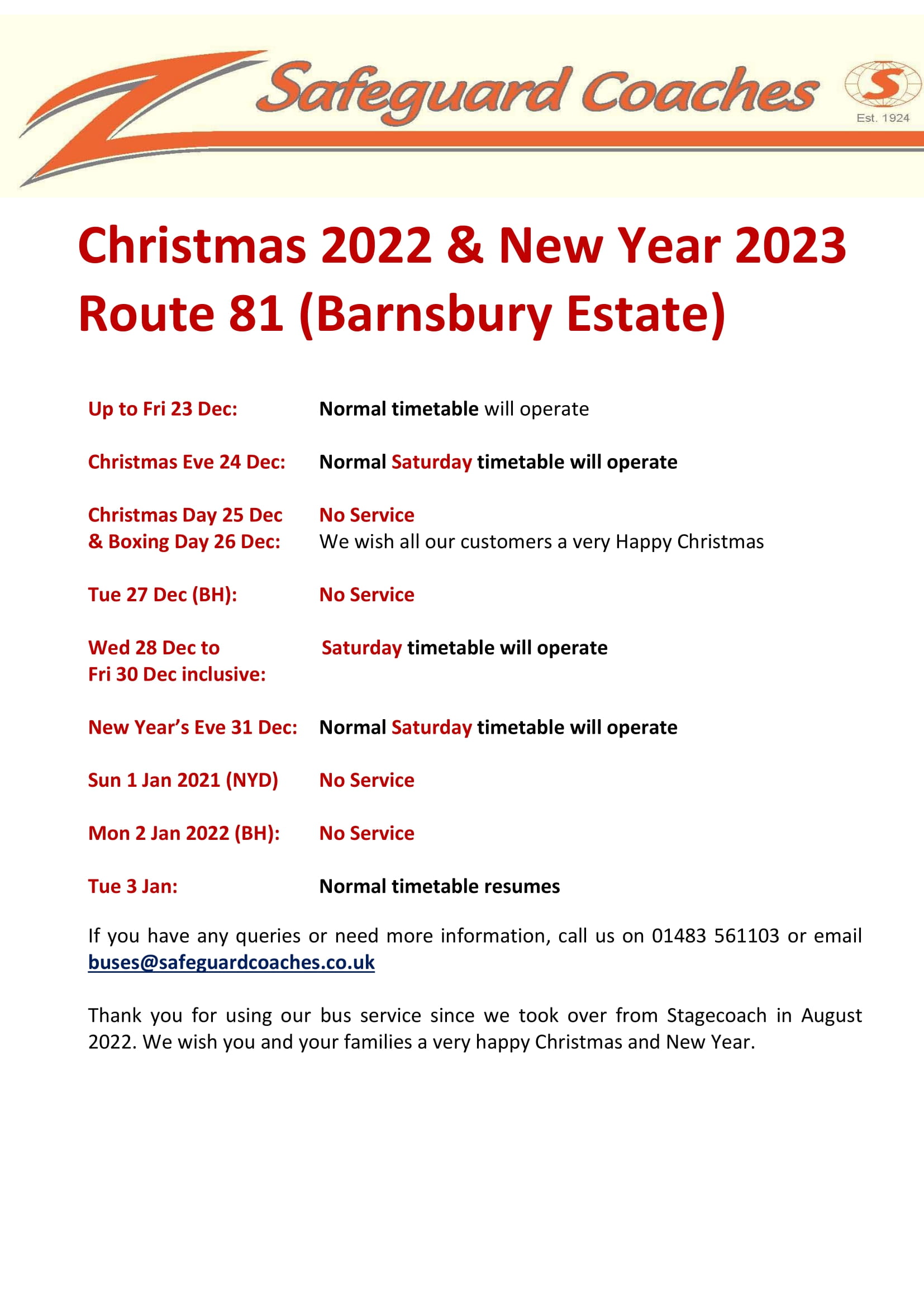 Woking Routes Christmas 2022 & New Year 2023 Timetables, 81 (Barnsbury ...