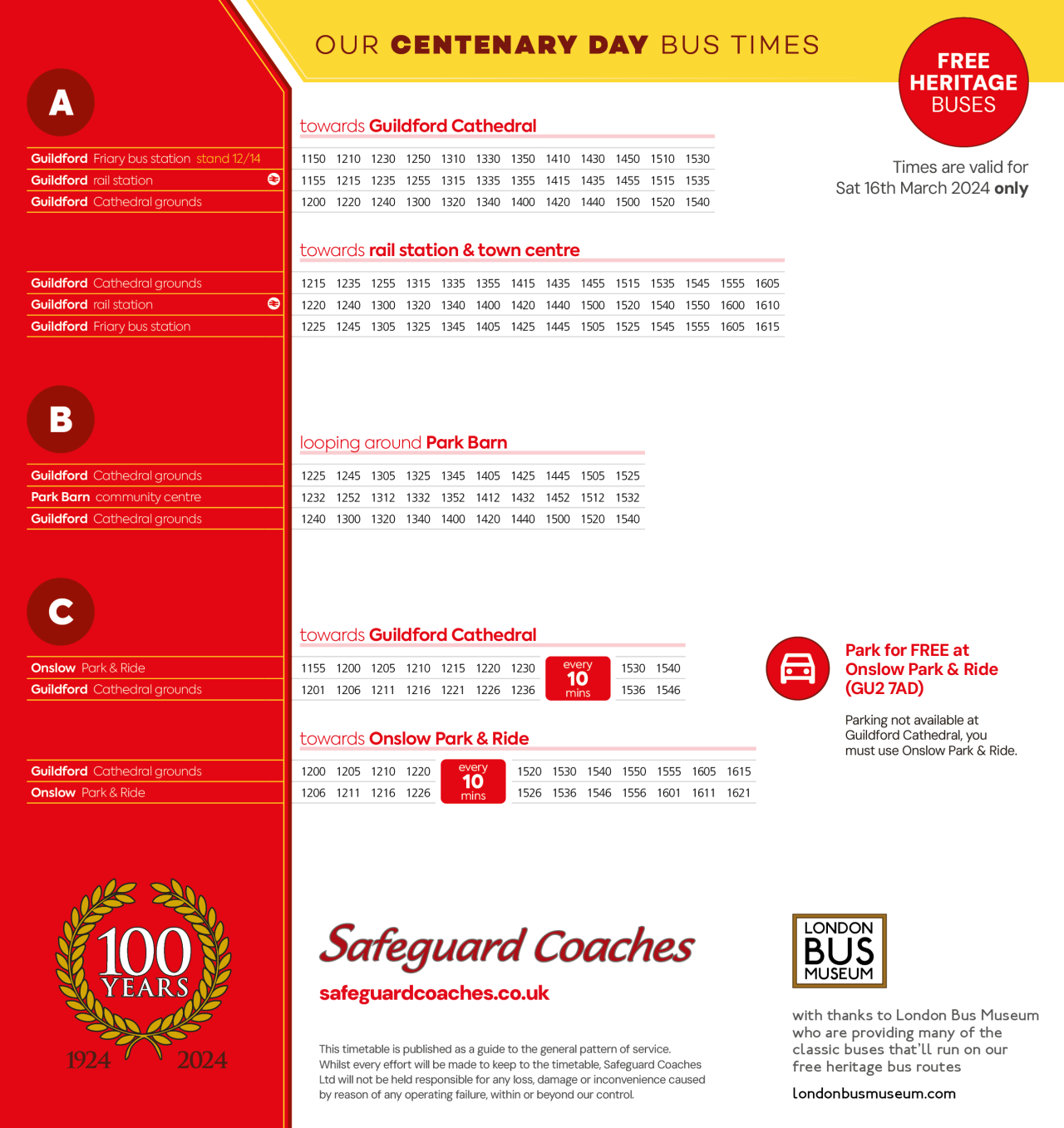 Centenary Day Heritage Bus Timetable - Safeguard