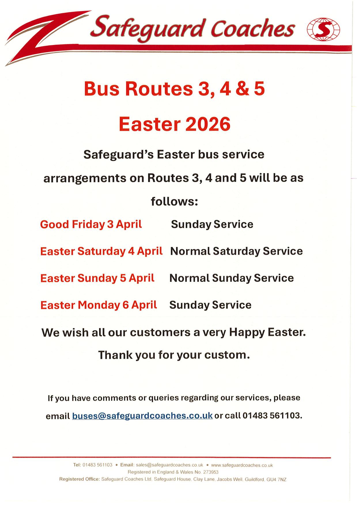 Easter 2026 Bus Services - Safeguard